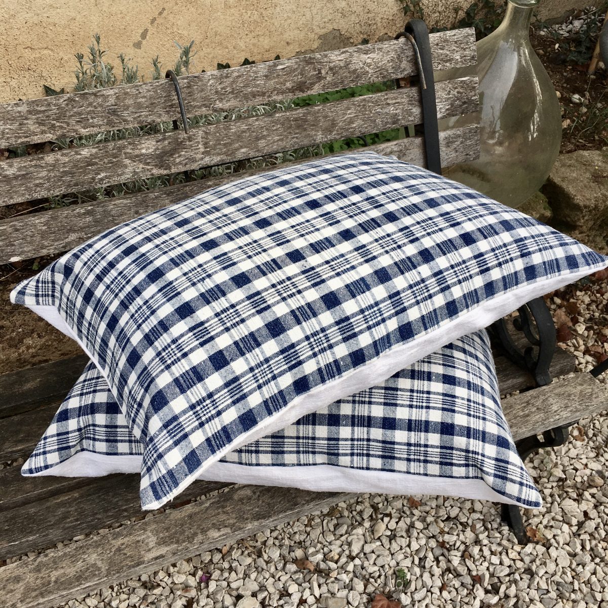 Coussin Bi-Matière Kelsch Carreaux Bleus/Chanvre Ancien | L'Atelier De ...